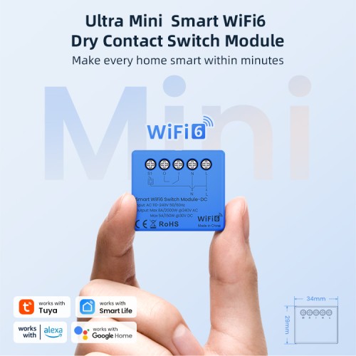 Smart relay Wi-Fi 6, 230Vac 8A, 30Vdc 5A, MINI, with dry contact, TUYA ...