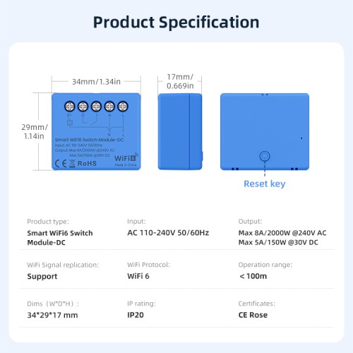 Smart relay Wi-Fi 6, 230Vac 8A, 30Vdc 5A, MINI, with dry contact, TUYA ...